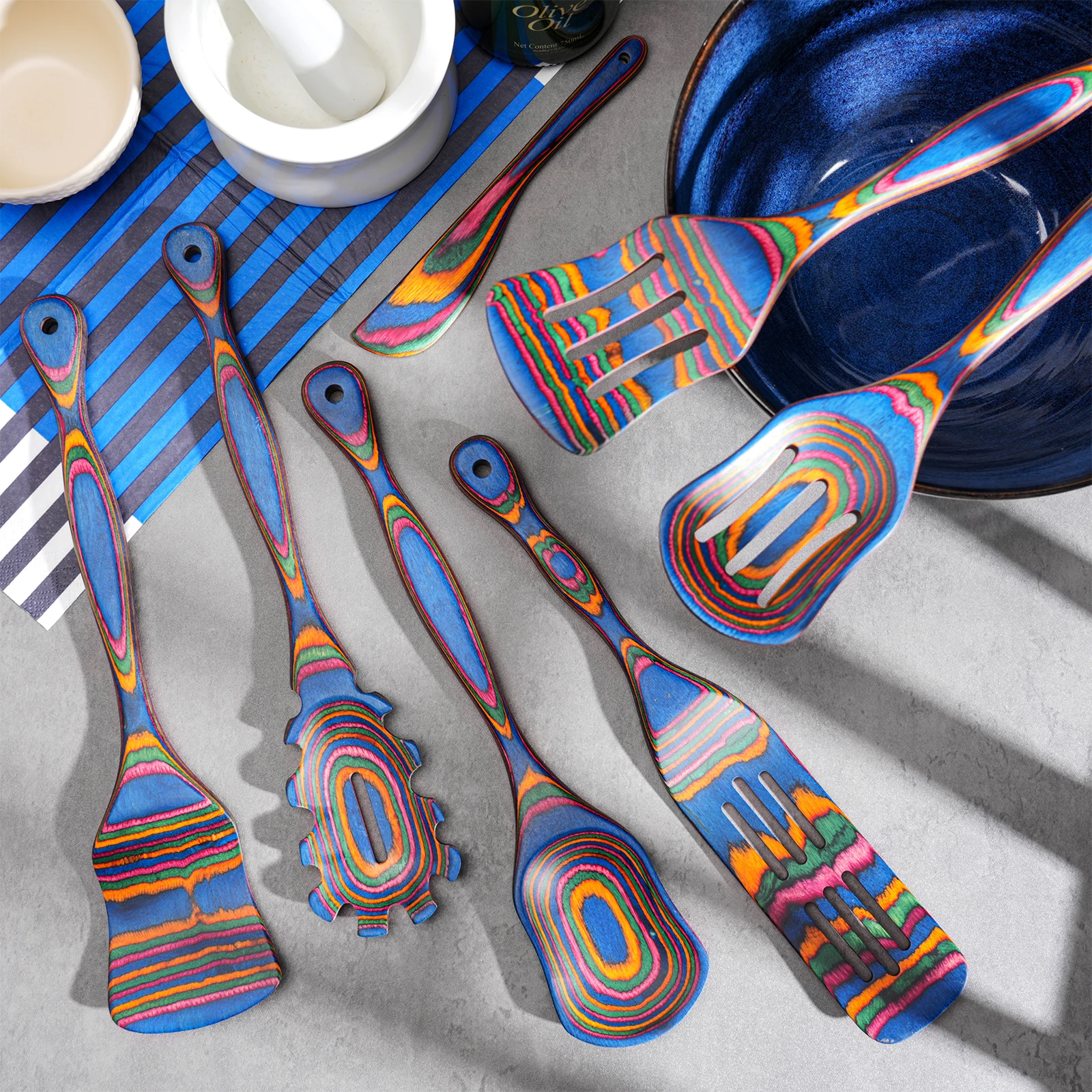 7Pcs Blue Pakkawood Wooden Cooking Utensils, Wooden Spoons for Cooking, Wooden Utensil Set ...